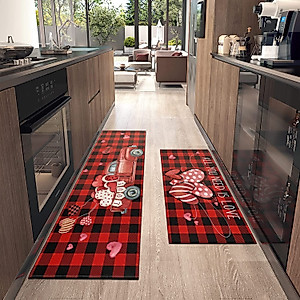 Xsinufn Valentines Day Kitchen Mat Set 2 Piece,Valentines Day Hearts Truck Buffalo Plaid Decorative Kitchen Rugs,Valentines Hearts Low-Profile Kitchen Mats for Home Kitchen (17"x48"+17"x30")