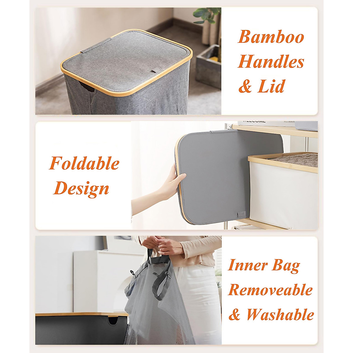 YCJYZLF Large Laundry Hamper with Lid and Bamboo Handles,Tall Collapsible Laundry Basket with Lid and Removable Laundry Bag,Foldable Clothes Hampers for Laundry,Bedroom,Dorm,Towels,Toys (100L,Grey)