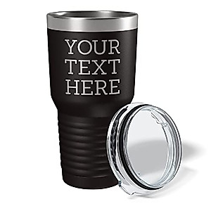 Personalized 30oz (17 Colors) Powder Coated Insulated Stainless Steel Tumbler with Lid, Custom Etched, Customized Text Message Name, Engraved Gift Idea Women Men Him Her, Your Text Here (Black)