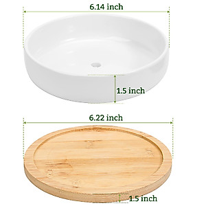 ZOUTOG Succulent Pots, 6 inch White Ceramic Flower Planter Pot with Bamboo Tray, Pack of 2 - Plants Not Included