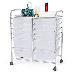 RELAX4LIFE Storage Cart W/12 Drawers Rolling Wheels Semi-Transparent Multipurpose Mobile Rolling Utility Cart for School, Office, Home, Beauty Salon Files Arrangement Storage Organizer Cart (Clear)
