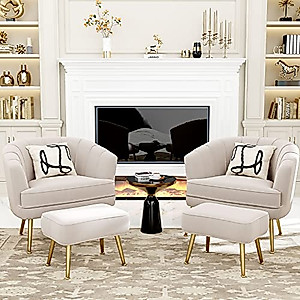 Andeworld Velvet Accent Chair with Ottoman, Upholstered Modern Single Sofa Side Chair,Comfy Barrel Club Living Room Armchair with Golden Metal Legs for Bedroom Living Reading Room Office, Beige