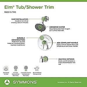 Symmons 5502-1.5-TRM Elm Single Handle 5-Spray Tub and Shower Faucet Trim ,Chrome - 1.5 GPM (Valve Not Included)