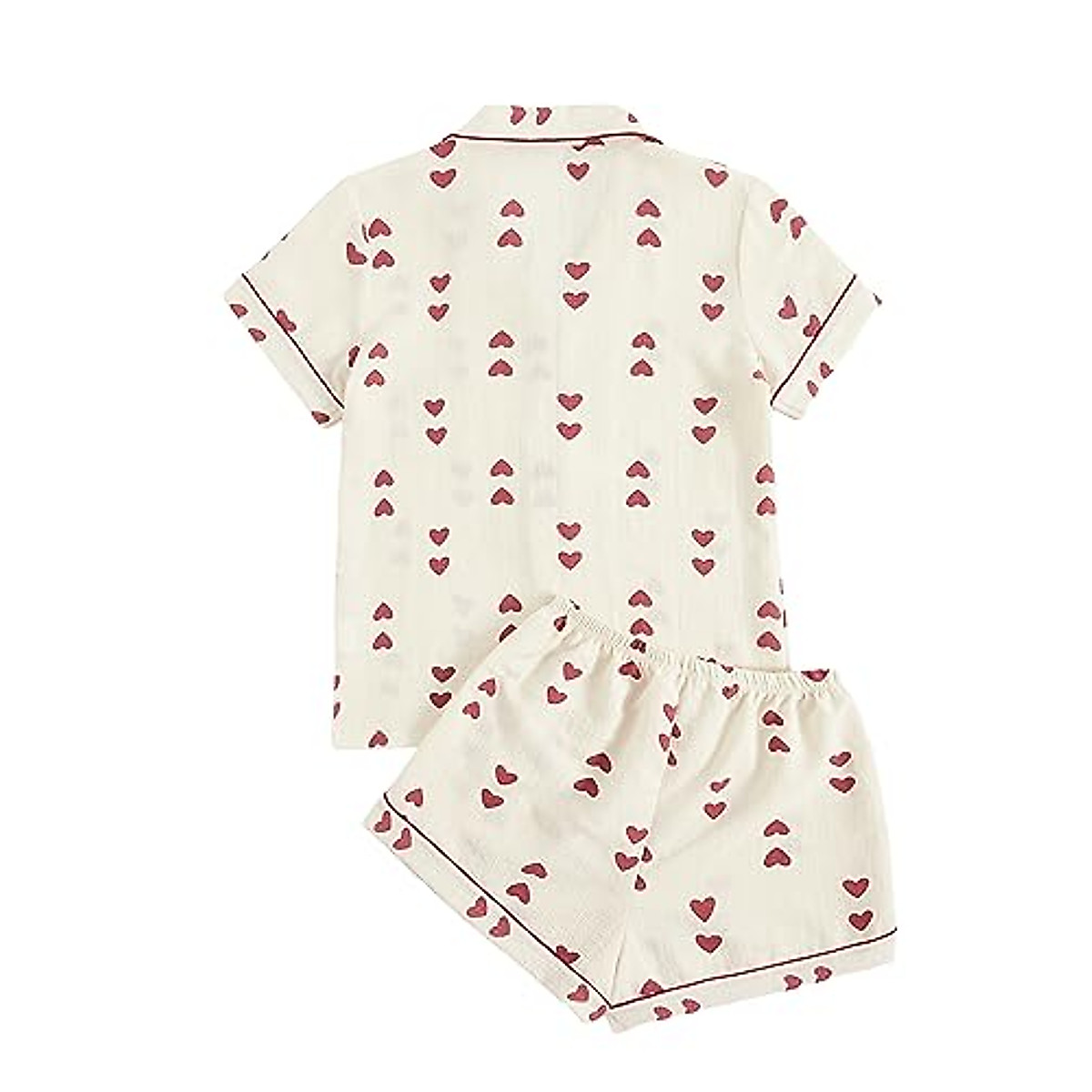 Verdusa Women's Two Piece Heart Print Button Down Collar Shirts and Shorts PJ Sets Beige M