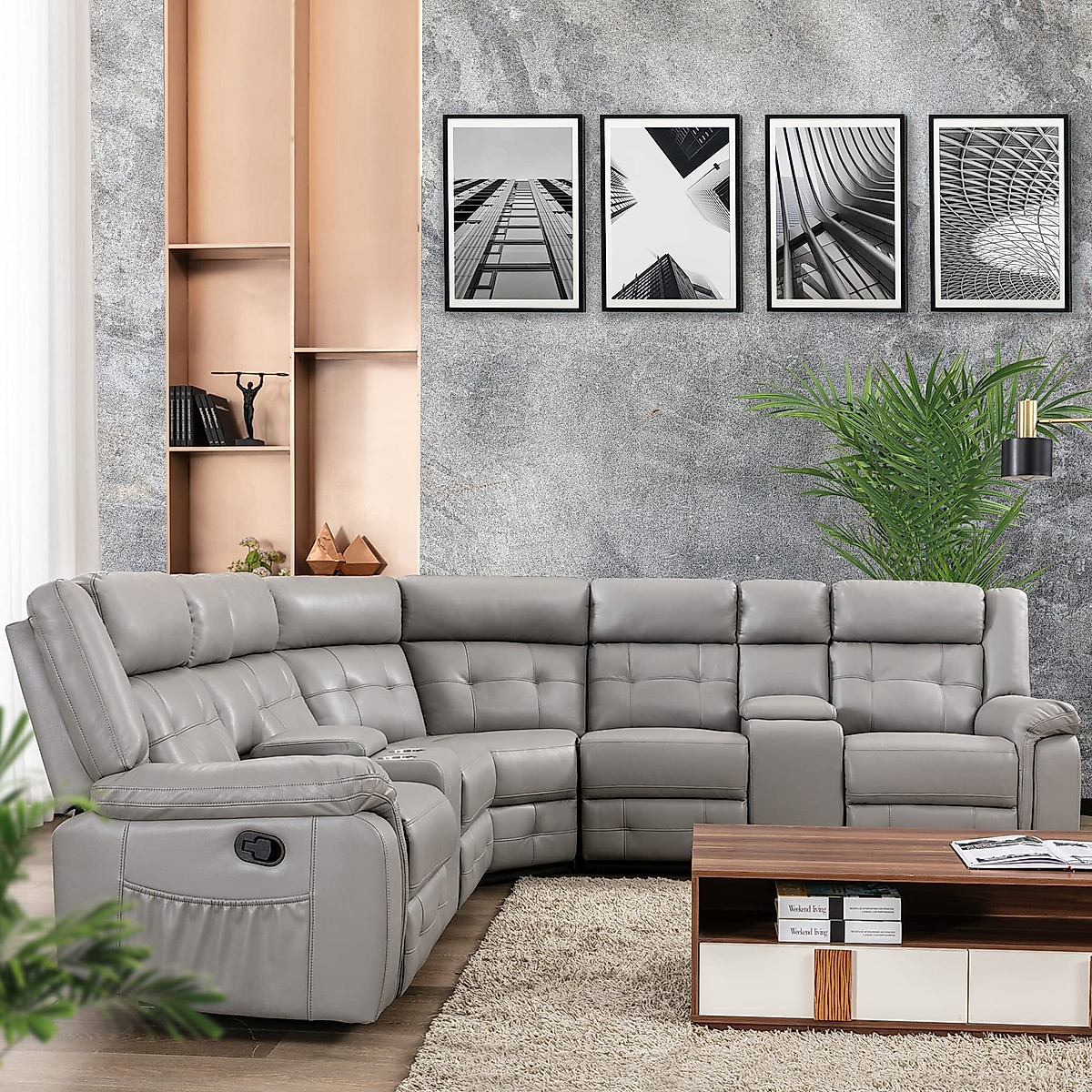 Nathaniel Home PU Leather Sectional Sofa Set with 2 Consoles Fashion Living Room Recliner Chair with Storage Box, L-Shaped Corner Couch with Cup Holders, Foggy Grey