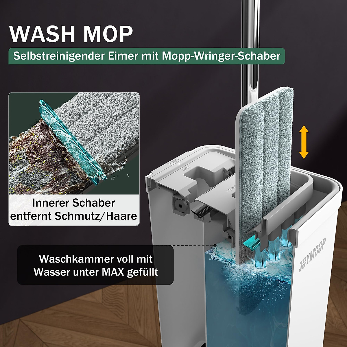 JOYMOOP Mop and Bucket with Wringer Set, Flat Floor Mop and Bucket, Mop for Floor Cleaning with 5 Microfiber Pads, Wet and Dry Use, Household Cleaning Tools, for Hardwood, Laminate, Tile