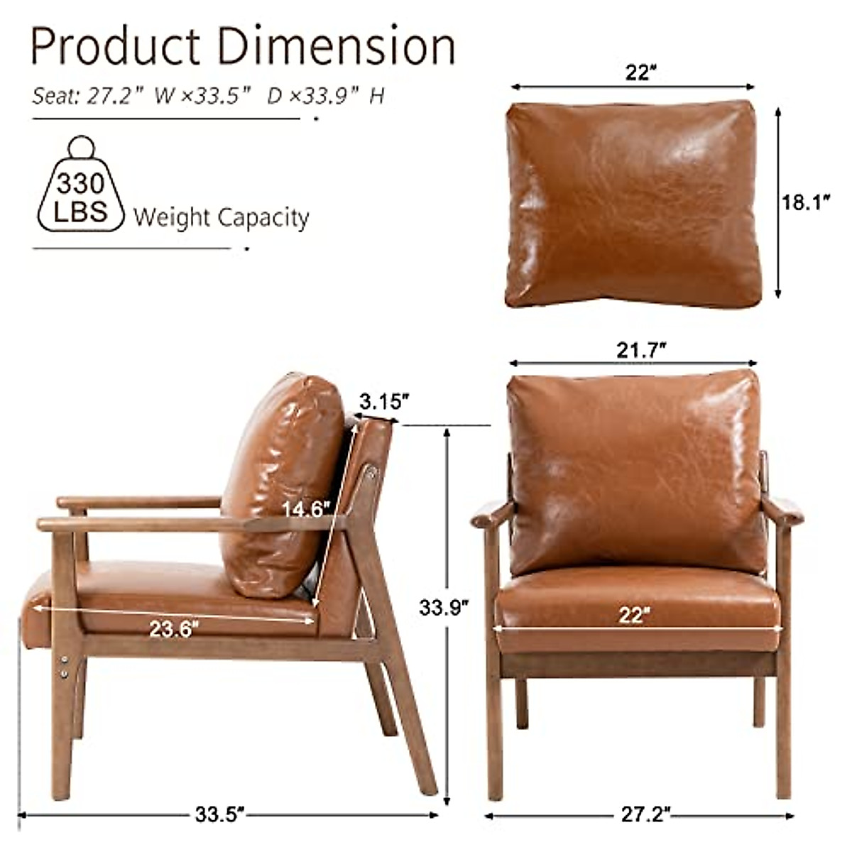 Okeysen Modern Leather Accent Chair with Solid Wood Frame,Upholstered Living Room Chairs with Waist Cushion,Comfy Reading Retro Side Lounge Arm Chair,Oversized Chairs for Bedroom Waiting Room