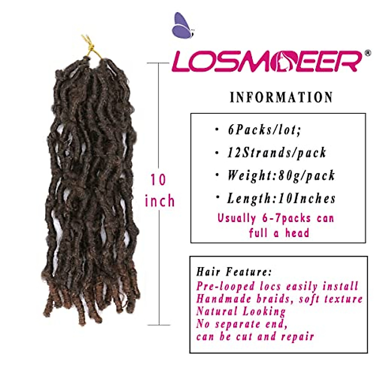 6 Packs Butterfly Locs Crochet Hair 10 Inch Pre-looped Bob Distressed Locs Soft Faux Locs Crochet Braids Butterfly Loc Twist Braiding Hair Synthetic Hair Extensions for Women(12Strands/Pack;T30#)