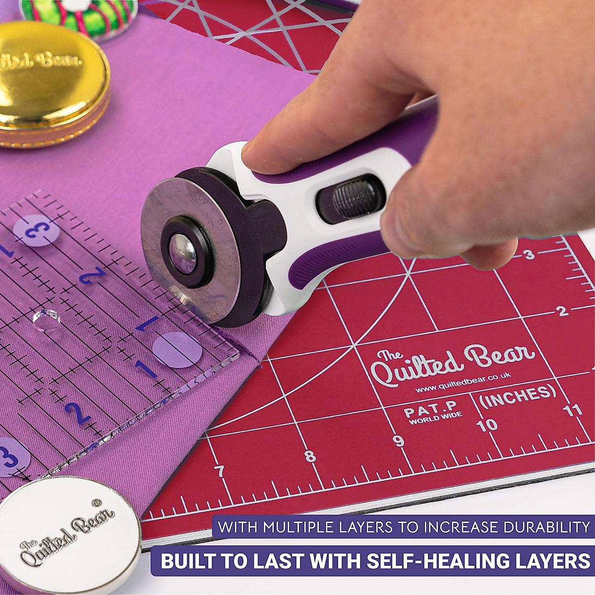 The Quilted Bear Rotating Cutting Mat 12" x 12" - Square Self Healing 360° Rotating Craft Cutting Mat with Innovative Locking Mechanism for Quilting & Sewing Your Choice of Colours Available! (Pink)