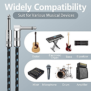 Sovvid Guitar Cable 10FT Professional Instrument Cable Electric Guitar AMP Cord Updated Version 1/4 TS Cable for Guitar Bass Mandolin Keyboard and Pro Audio, Right Angle to Straight (Black Blue)