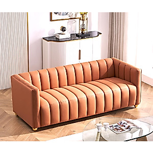 Container Furniture Glam Fabric Upholstered Solid Wood Frame 82.7" Art Deco Sofa for Living Room, Office, Sophisticated 3 Seater Couch, Orange