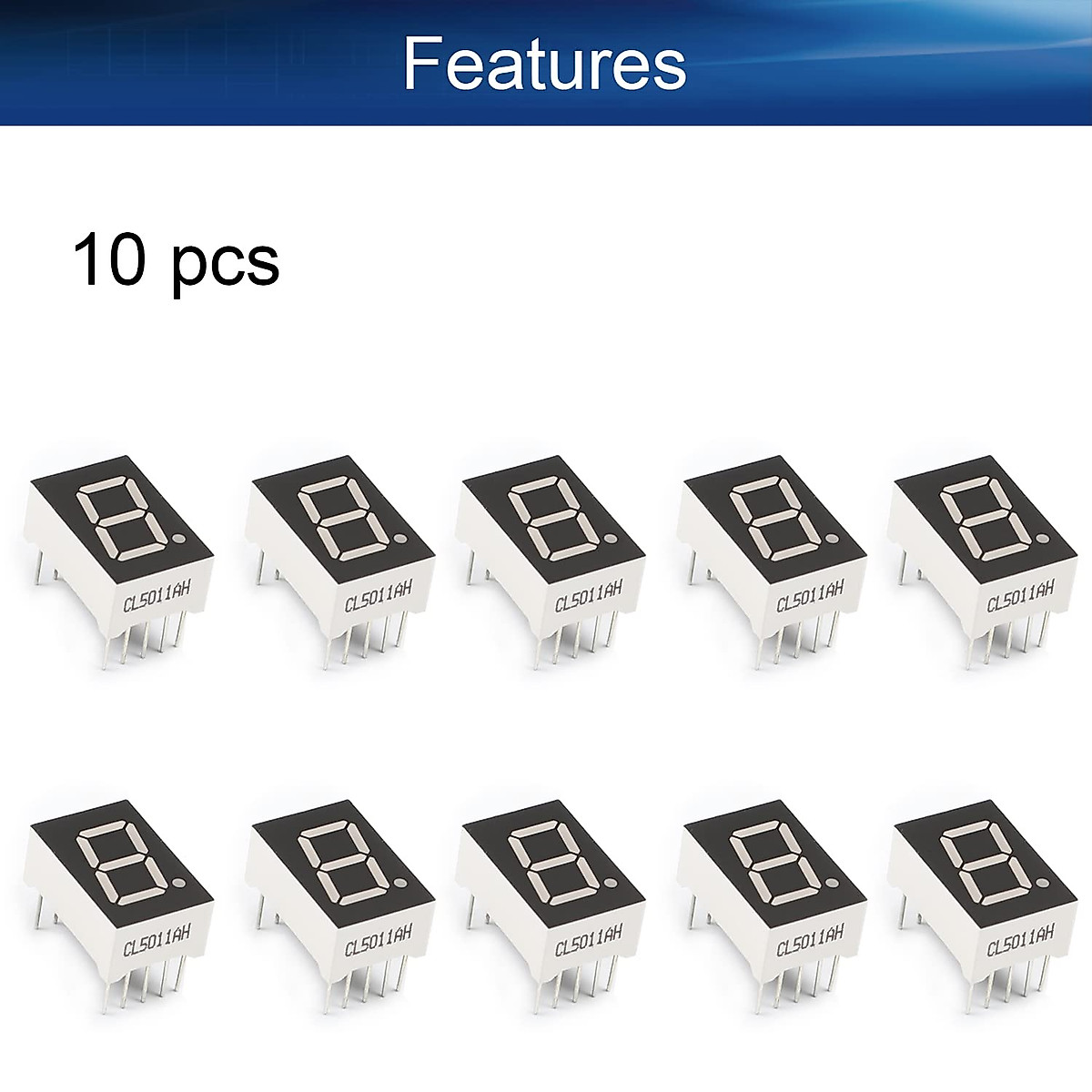 Bettomshin 10Pcs LED Digital Tube Common Cathode 10 Pin 1 Bit 0.75 x 0.5 x 0.31 inch (LxWxH) 0.5" Red Display Digital 5011AH