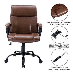 DYHOME Leather Office Chair Brown Desk Chair with Padded Armrests, Adjustable Home Office Chair Mid Back Swivel Task Chair, Ergonomic Mid Century Computer Chair, Capacity 400lbs