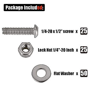 JQK 1/4-20 x 1 Button Head Socket Cap Screws, Allen Socket Drive,1/4 x 5/8 OD Fender Flat Washer, 1/4-20 Lock Nut with Nylon Insert Sets, 304 18-8 Stainless Steel, 25 Pack, SNS100-P25
