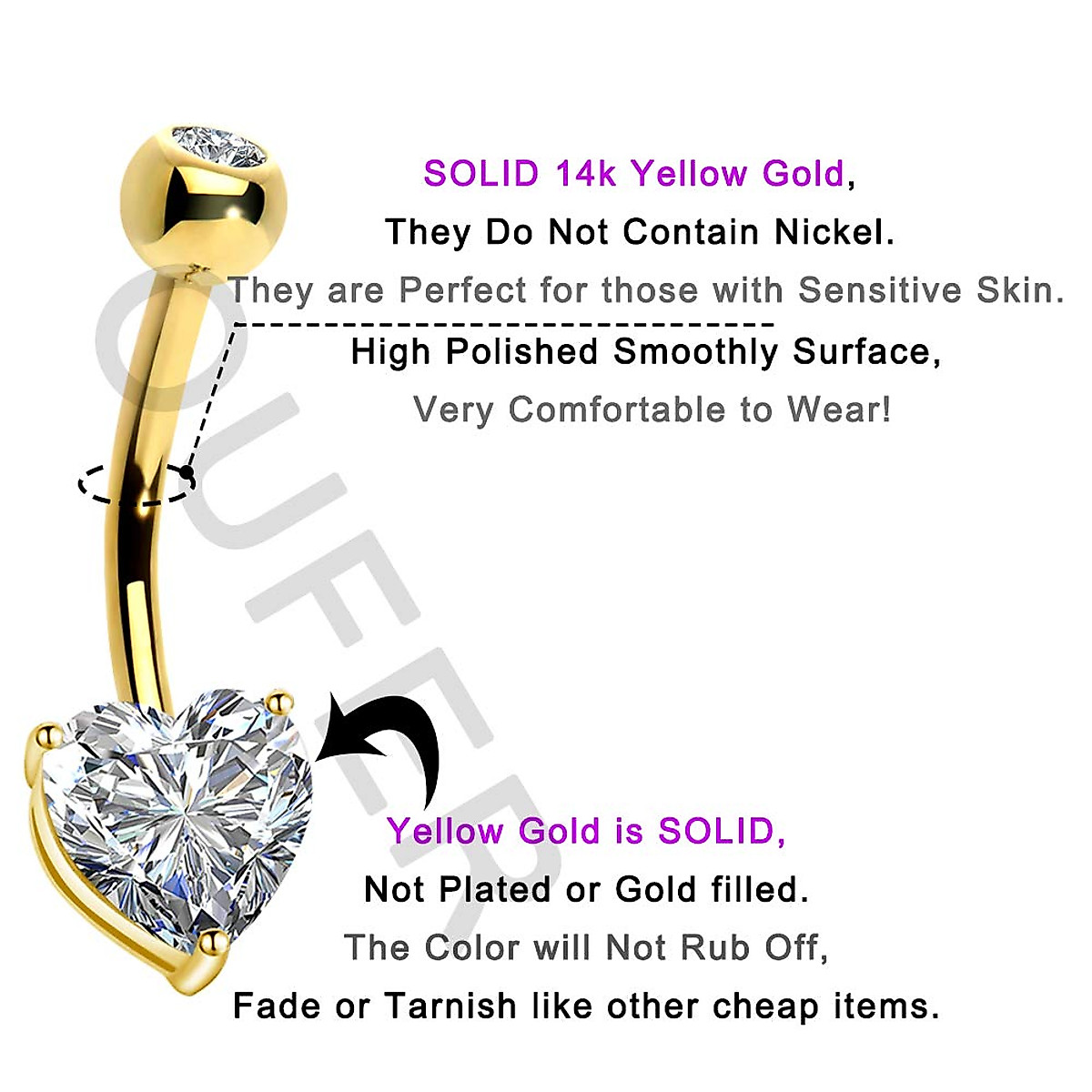 OUFER 14K Gold Heart Solitaire Cubic Zirconia Belly Button Rings Navel Rings Body Piercing Jewelry