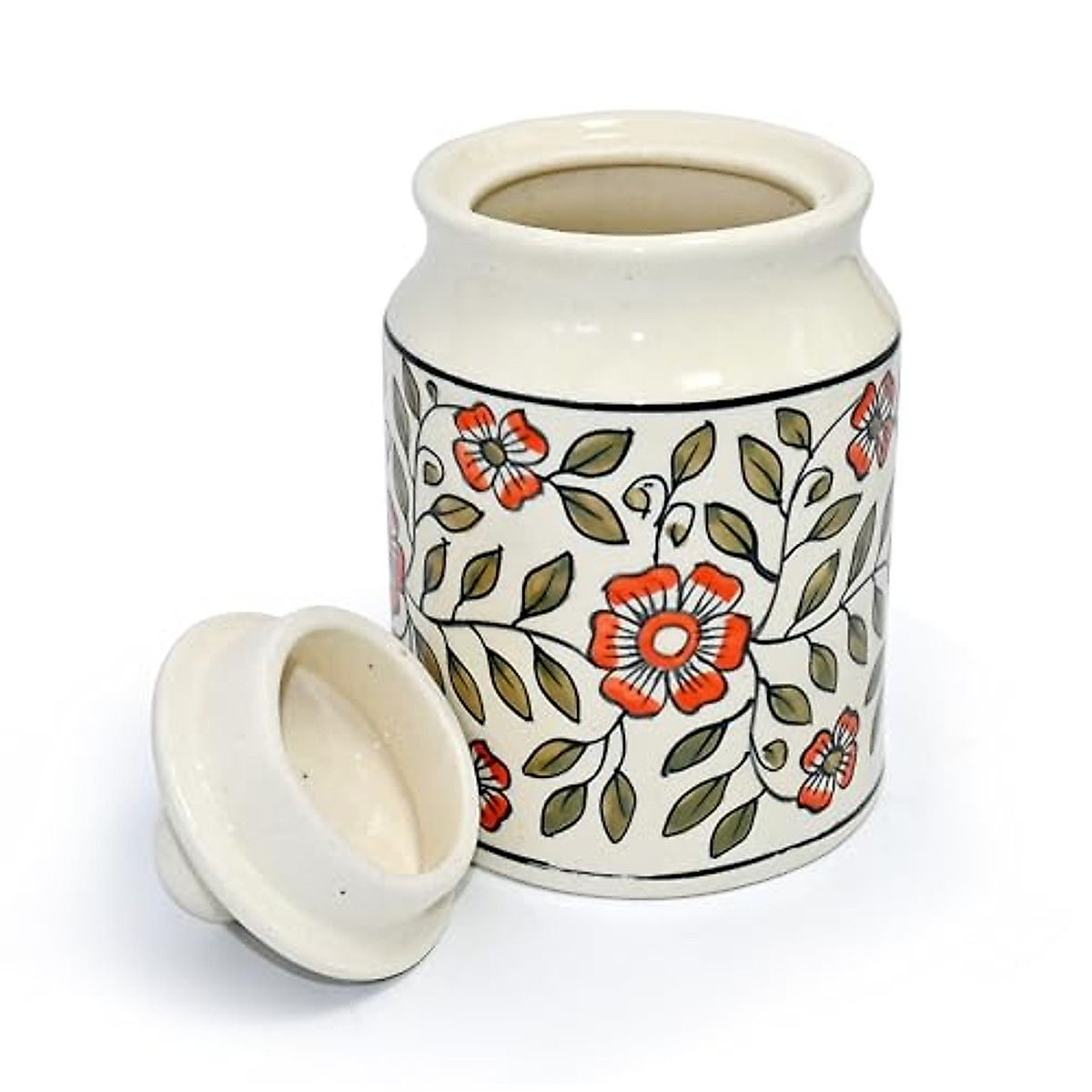 Amoorcart Ceramic Jars and Containers with Lid for Kitchen - Hand painted - Pack of 1-17cm height - (NON AIRTIGHT) - Red Green Floral