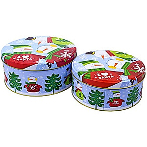 Round Nesting Tins With Holiday Print Designs Bundle of 2 Round Metal Tins with Lids for Cookies, Candy, Food Presents - 1- 6 and 3/4 Inches and 1- 6 inches Diameter