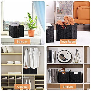 Vagusicc Wicker Storage Basket, Set of 4 [2 Pack 9 Inches+ 2 Pack 11 Inches] Hand-Woven Wicker Baskets for Storage, Foldable Cube Storage Baskets Bins with Handles, Black
