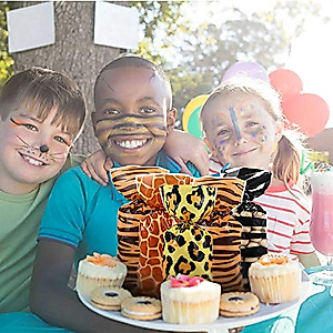 120 Pieces Jungle Animal Treat Bags, Wild Giraffe Cheetah Zebra Tiger Print Cellophane Plastic Candy Bags Goodie Favor Bags with 100 Silver Twist Ties for Jungle Safari Zoo Birthday Party Supplies