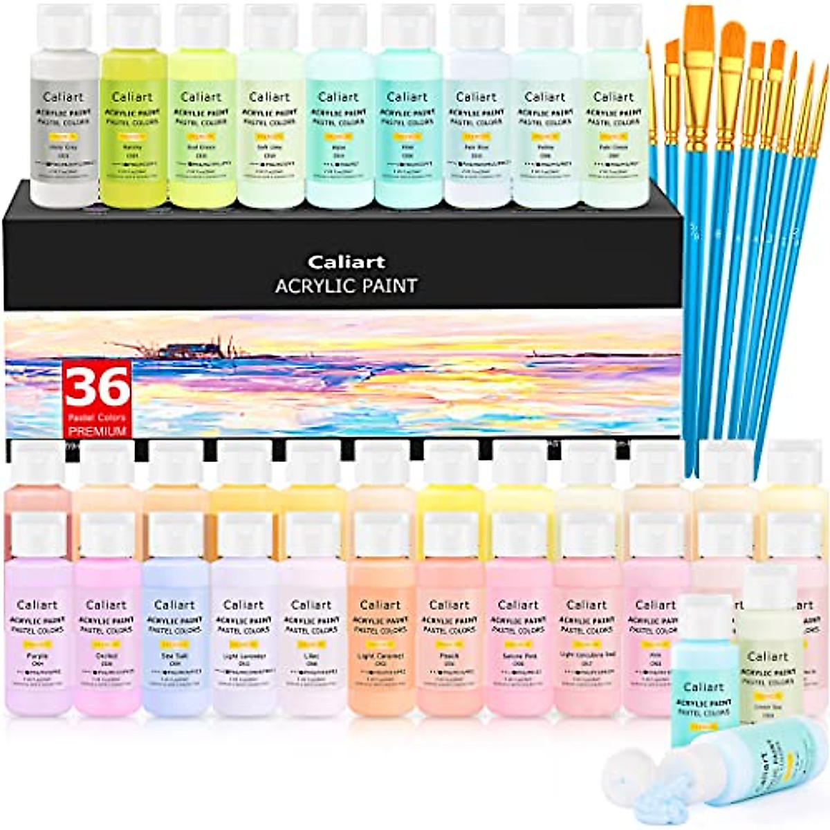 Caliart Acrylic Paint Set with 12 Brushes, 36 Pastel Colors (59ml, 2oz) Art Craft Paint for Artists Students Kids Beginners & Hobby Painters, Halloween Canvas Ceramic Wood Rock Painting Supplies Kit