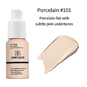 Beauty Glazed Soft Matte Silky Full Coverage Liquid Foundation, Multi-Use Buildable Foundation Lightweight Feel Oil Control Longwear Naturally Flawless Coverage Foundation (101 Porcelain)