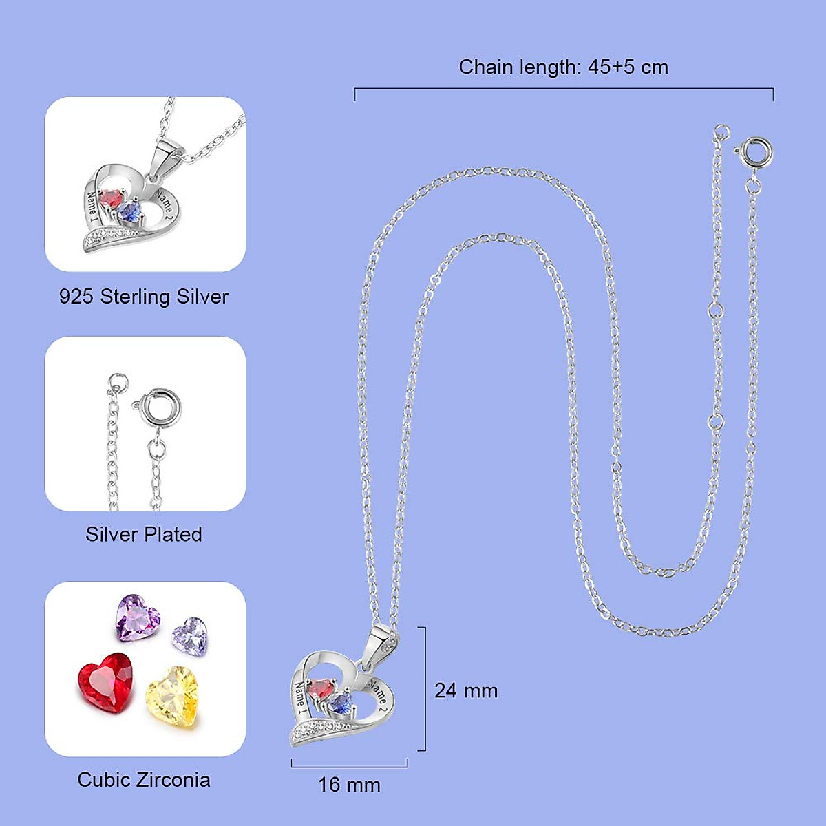 Sterling Silver Personalized 2 Names Necklace with 2 Heart Simulated Birthstone Couple Pendant Necklace for Women (Silver)