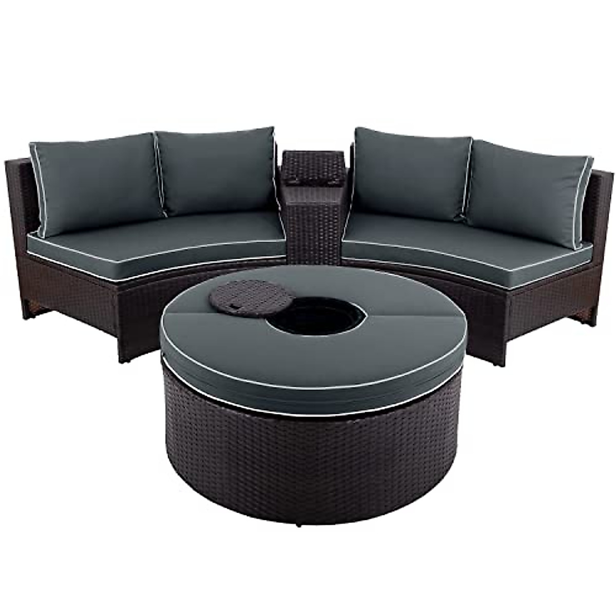 DHPM Patio Sectional 6-Piece Half-Moon Curved Outdoor Sofa, PE Wicker Conversation Furniture Set w Storage Side Umbrella and One Round Table, Brown+Gray