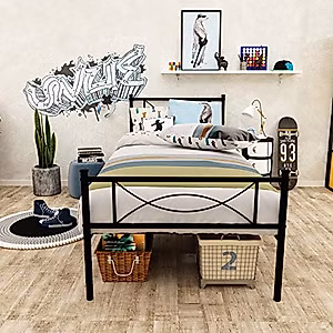 SimLife Twin Bed Frame with Two Headboards Metal Platform Bed for Kids Girls Boys Adults Mattress Foundation Stable Metal Slats Support Box Spring Replacement, Black