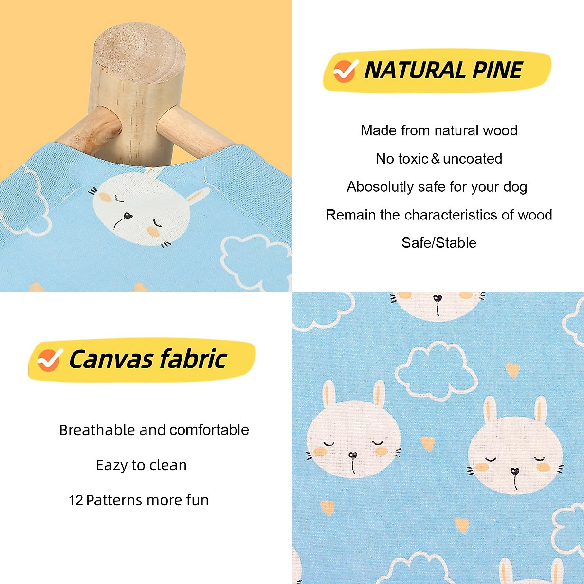 Patas Lague Hammock Bed, Small Dog/Cat Bed, Wooden Frame, Linen, Cooling, 19x19x5 inches, 20 lbs Weight Capacity