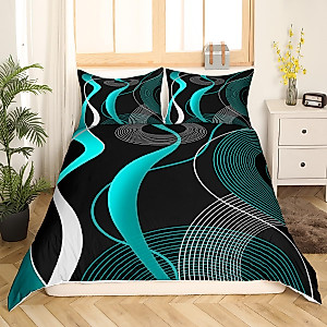 Erosebridal Geometric Duvet Cover Queen, Teal Black White Bedding Set for Kids Teens, Geometry Stripe Line Comforter Cover, Modern Art Swirl Waves Quilt Cover Abstract Circle Retro Bedroom Decor