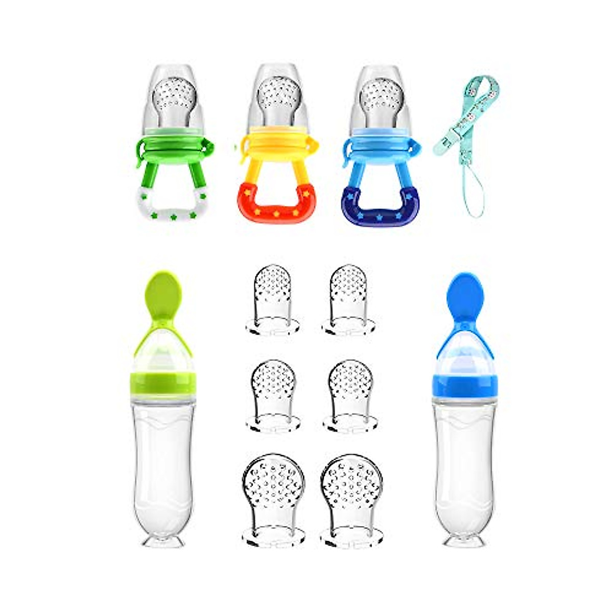 Food Feeder Baby Fruit Feeder Pacifier (3 Pcs) with 6 Different Sized Silicone Pacifiers 2 PCS Silicone Baby Food Dispensing Spoon 90ML with 2 Baby Spoons Pacifier Clip Infant Fruit Teething Toy -Blue