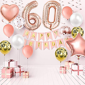 41Pcs 60th Rose Gold Birthday Decoration,Pink Birthday Decor,Rose Gold Balloons,Rose Gold Glittery Happy Birthday Banner for Women Birthday Party Supplies