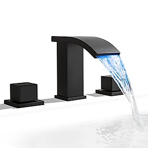 SKOWLL LED Faucet Bathroom Sink 3 Hole Waterfall Lavatory Vanity Faucet 8 Inch Spread Bath Faucet 2 Handle with Light, Matte Black