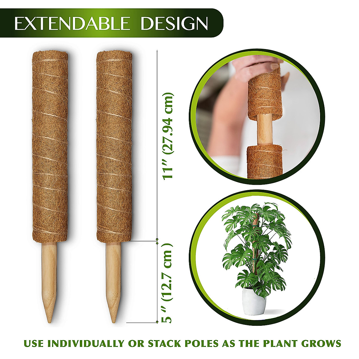 Voorjaar Moss Poles for Climbing Plants Monstera, 27 Inches 2 Pcs Indoor Plant Stakes to Support Upward Growth - Extendable 16" Coco Coir Poles with 4 Jute Strings and 10 Plant Labels