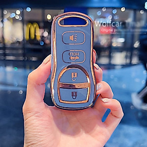 SANRILY TPU Golden-Edge 4 Button Smart Key Fob Cover Case for Nissan Sentra Altima Xterra Maxima 350Z,for Infiniti QX56 G35 i35 Keyless Key Holder with Bling Leather Keychain Blue