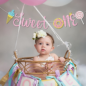 Sweet One Banner, Ice Cream Donut Candy First Birthday Banner,Baby Shower,1st Birthday Party Decorations (Pink)1