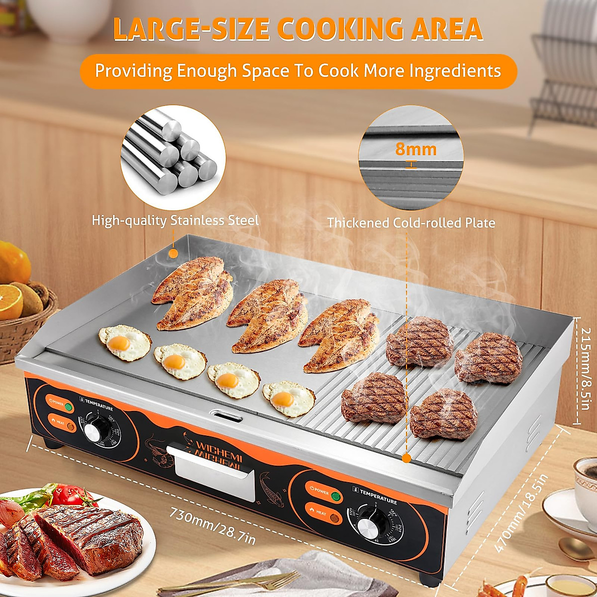 WICHEMI 29" Commercial Griddle Electric Grill Without Plug Countertop Griddle Flat Top Grill Hot Plate Non-Stick Stainless Steel Teppanyaki Grill for Restaurant Kitchen, 110V 4400W