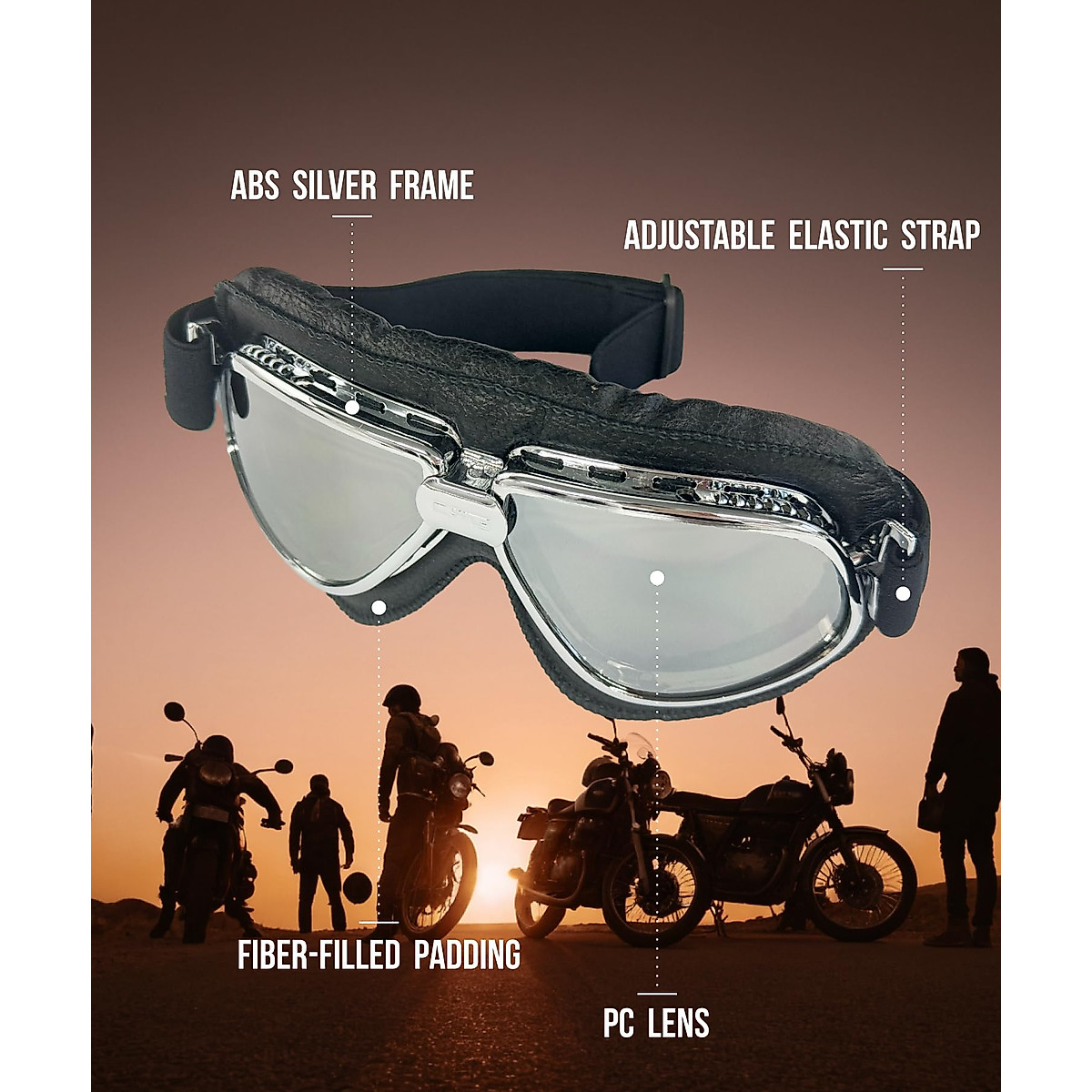 CRG Sports Motorcycle Goggle Aviator Pilot Style Cruiser Scooter Motocross Goggles for Men, Women, Adults