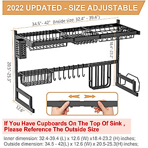 Tsmine Over The Sink Dish Drying Rack 2 Tier Stainless Steel Kitchen Dish Rack Adjustable (33.5-40.5 in), Large Dish Rack Drainer for Kitchen Organizer Storage Space Saver with 7 Utility Hooks