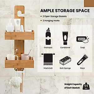 LOKO Bamboo Hanging Shower Caddy, Natural & Waterproof Bamboo Shower Rack w/ 2 Storage Baskets & 2 Hanging Hooks, 2-Tier Bathroom Shower Organizer Holder for Shampoo, Conditioner, Soap