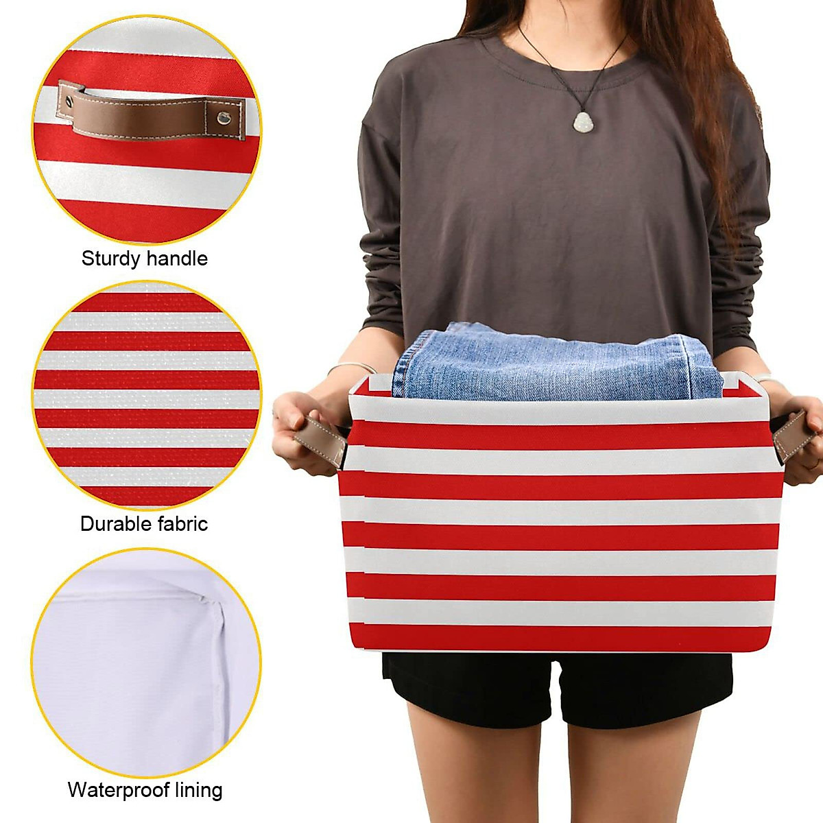 Kigai 2 Pack Foldable Storage Basket Red & White Stripes Foldable Storage Bins for Organizing Shelf Nursery Closet Organizers with Handle Toy Fabric Baskets for Home/Office