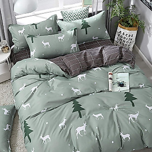 Omelas Kids Sage Green Duvet Cover Set Queen Size Christmas Cartoon Animal Elk Deer Tree Printed Bedding with Black Rectangle Plaid 3 Pieces Soft Microfiber Comforter Cover for Girls Boys (SLXL,Q)