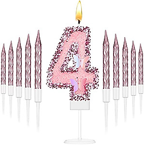 2.75" Large Pink Glitter 4th Year Happy Birthday Candles Girls Number Candles for Birthday Cakes Sequin Numeral Princess Candles Number Birthday Cake Topper with 10 Long Thin Cupcake Candle for Party