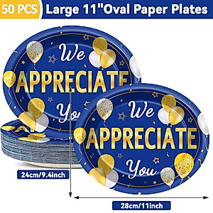 50 Pcs We Appreciate You Party Plates Thank You Plates CNA Appreciation Week Supplies Large 11 Inch Employee Appreciation Party Oval Paper Plate Platter for Teacher Doctor Nurse Staff, Blue Gold