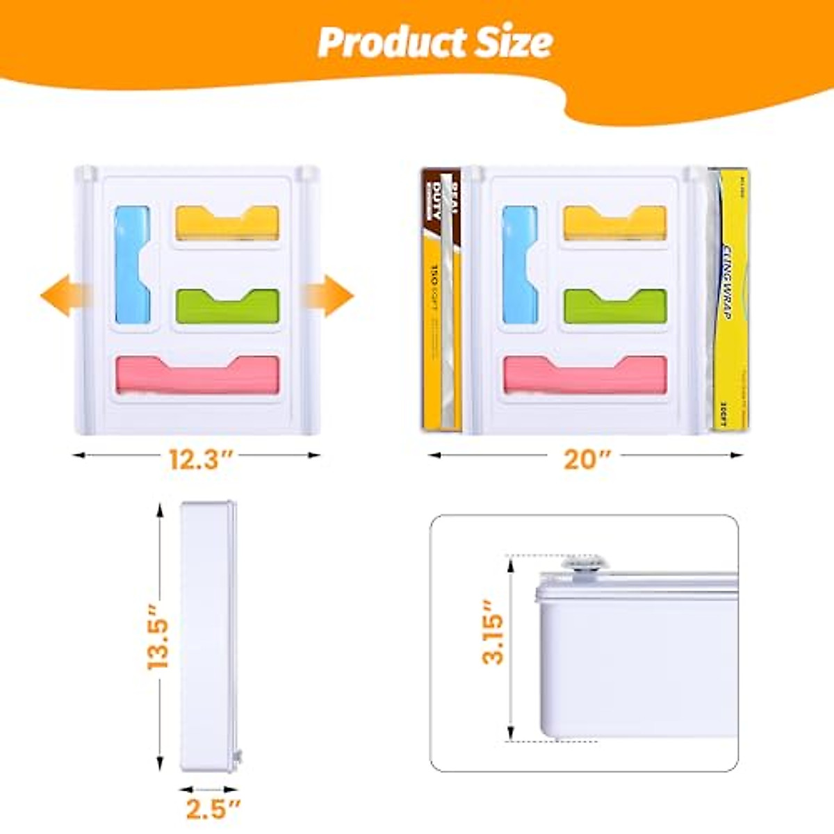 CiWiVOKi Expandable Storage Bag Organizer for Kitchen Drawer, 6 in 1 Foil and Plastic Wrap Dispenser with Cutter, Plastic Organization and Storage for Sandwich Gallon Quart Snack Bags, 3.2"High, White