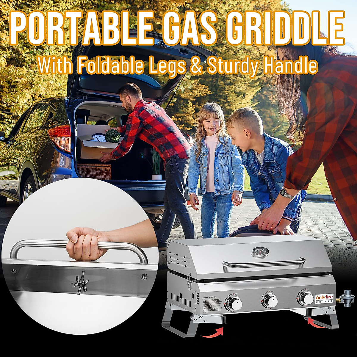 Onlyfire Flat Top Gas Griddle with Foldable Legs, 3-Burner Stainless Steel Propane Gas Grill Griddle, 24” Portable Tabletop Griddle for Outdoor Cooking Camping Tailgating RV, 24000 BTU, GS309