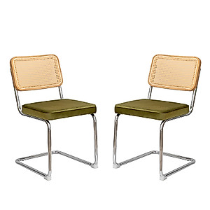 MFFM Dining Chairs Set of 2, Velvet Rattan Side Accent Chairs with Chrome Legs, Modern Mid Century Breuer Designed Chairs, Upholstered Dining Living Room Kitchen Chairs (Olive Green-2pcs)