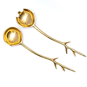 Twig Salad Servers Brass & Stainless Steel, Fork & Spoon Set Leaf Design, Two Tone Ideal for Weddings, Dinner, Elegant Flatware, Housewarming, Stainless Steel Mirror Polished