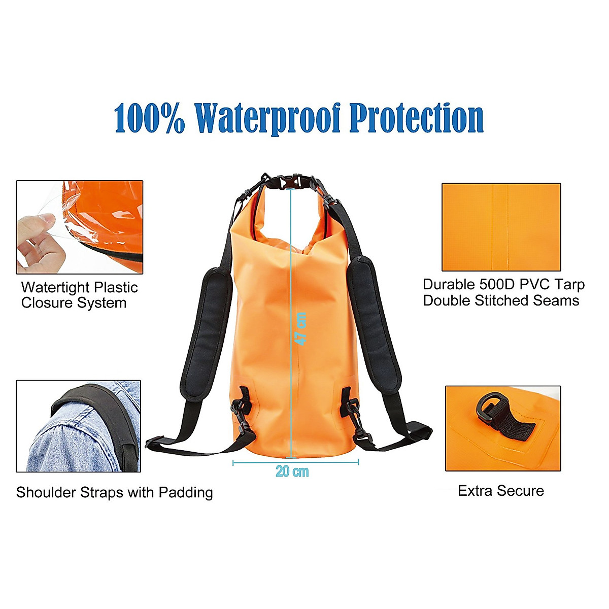 Foto&Tech Orange 10LT Waterproof Dry Bag Roll Top Dry Compression Sack Floating Dry Gear Bag Storm Sack+Backpack Style Padded Shoulder Straps for Kayaking/Boating/Beach/Rafting/Hiking/Camping/Fishing