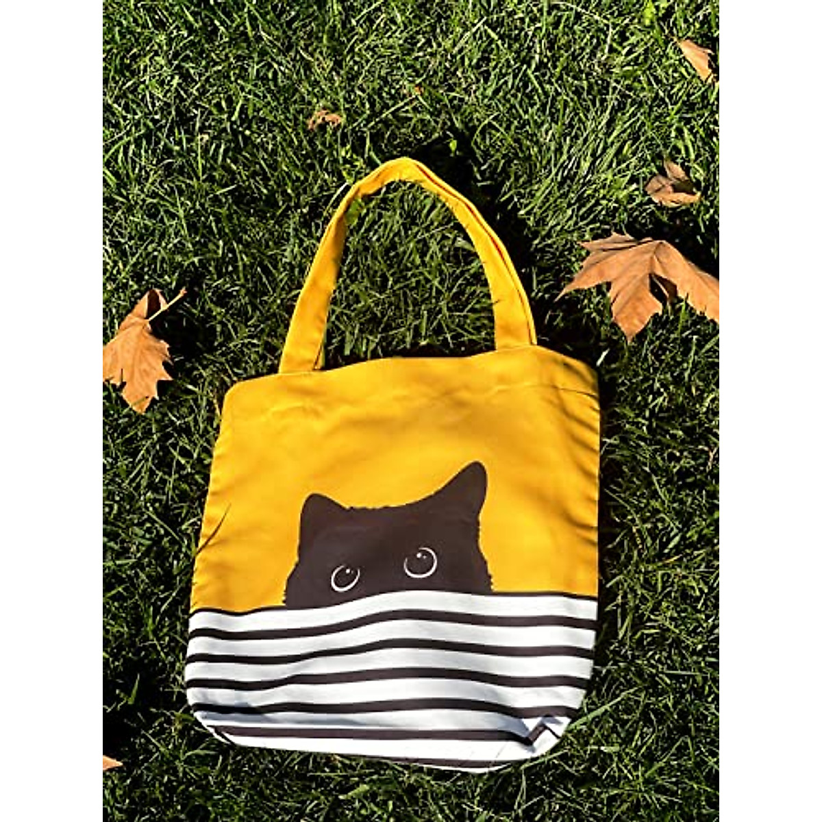 Cute Canvas Tote Bag for Women with Cat Design - Birthday Valentines Day Gift - Aesthetic Book Tote for Teacher School Kids - Hello Kitty Tote Bag - Large Reusable for Shopping Grocery (Yellow Cat)
